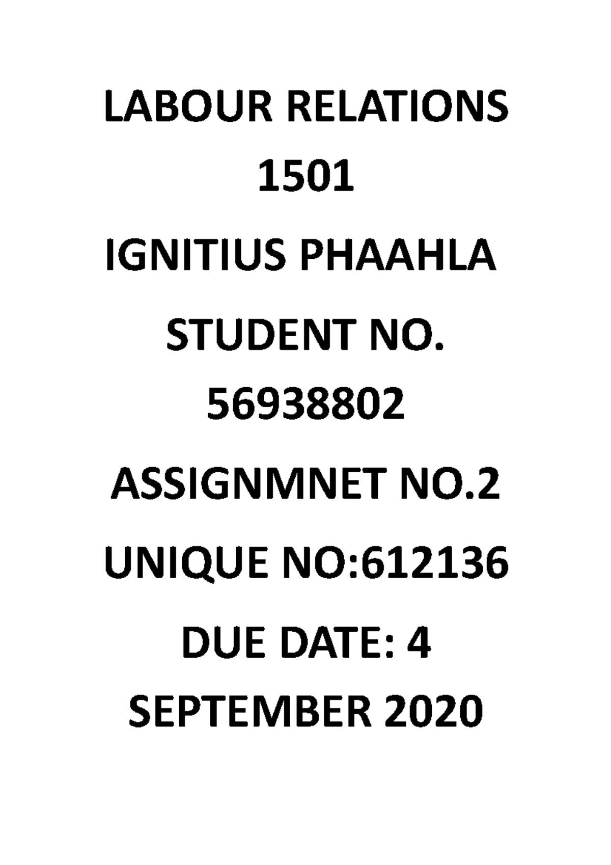 Labour Relations 1501 - Assignment 1 Insights and Key Concepts - Studocu