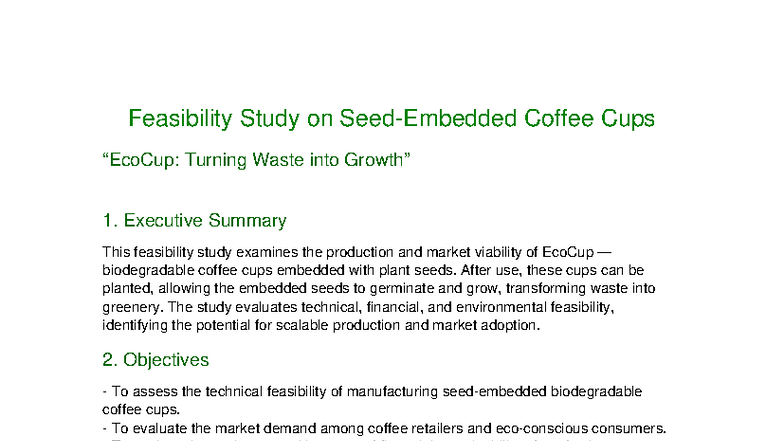 Seed Embedded Coffee Cups Feasibility Study: EcoCup Analysis - Studocu