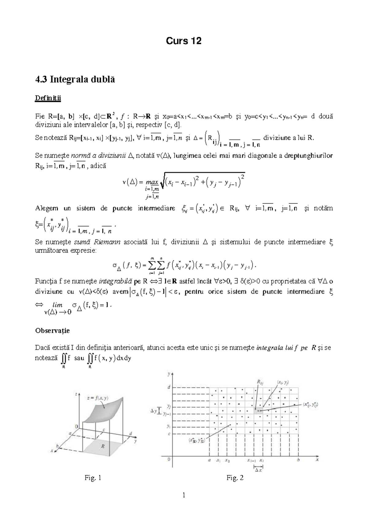 Curs 12 - Integrala Dublă: Definiții și Teoreme - Studocu