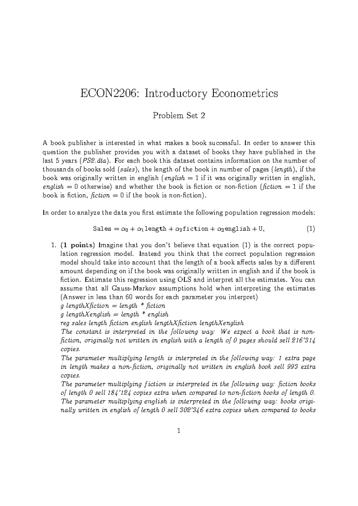 ECON2206: Introductory Econometrics Problem Set 2 - Studocu