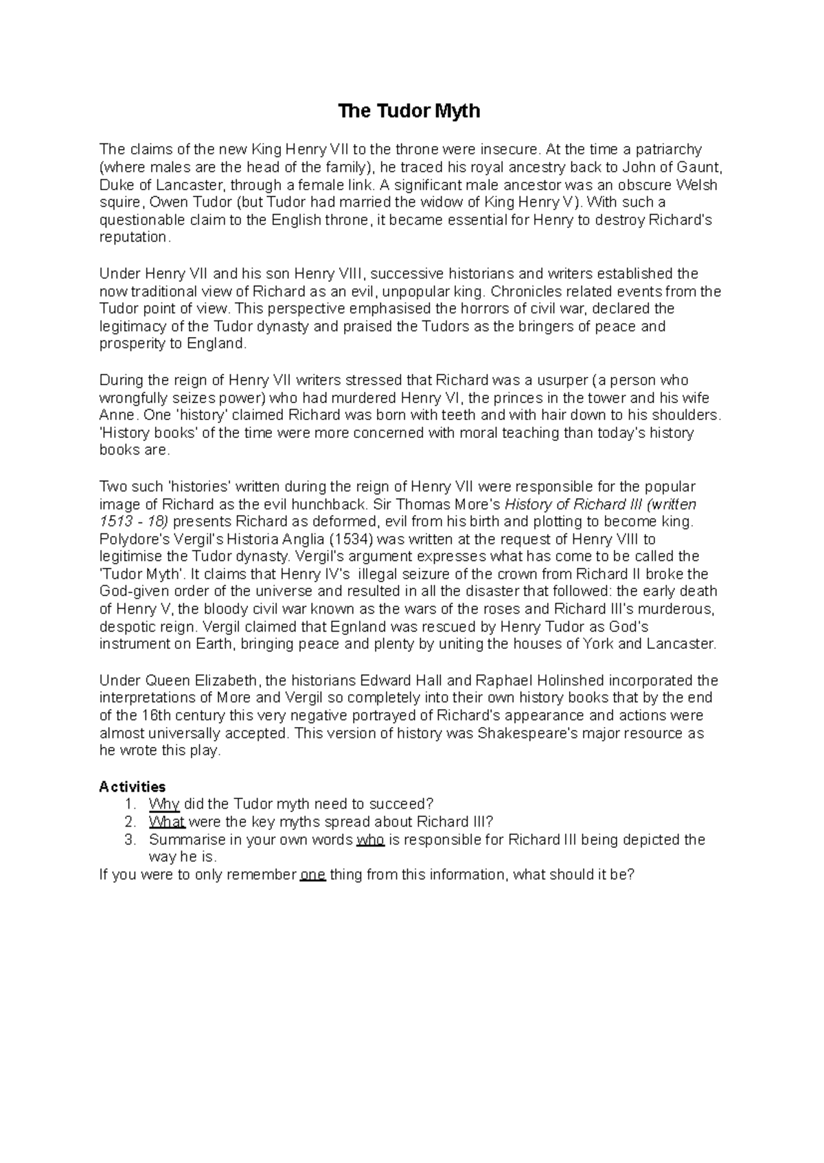 The Tudor Myth: Context for MOD A (Shakespeare's Richard III) - Studocu