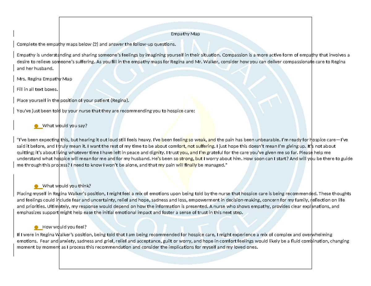 Empathy Map Assignment - Understanding Compassionate Care Techniques - Studocu