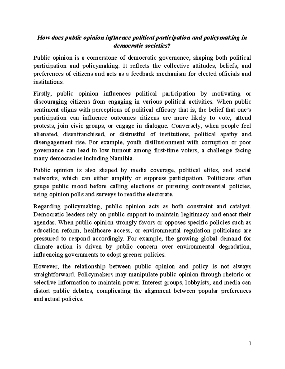 Influence of Public Opinion on Political Participation & Policy Making ...