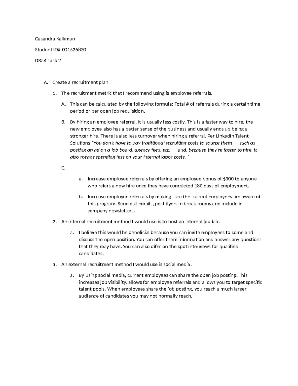 D354 Task 2 - Recruitment plan and strategies for employee referrals ...