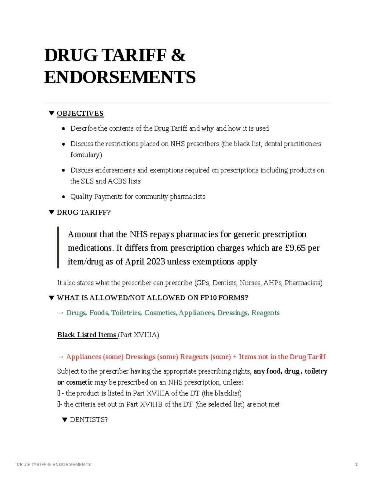 NHS DRUG Tariff & Endorsements Overview: Objectives & Insights - Studocu