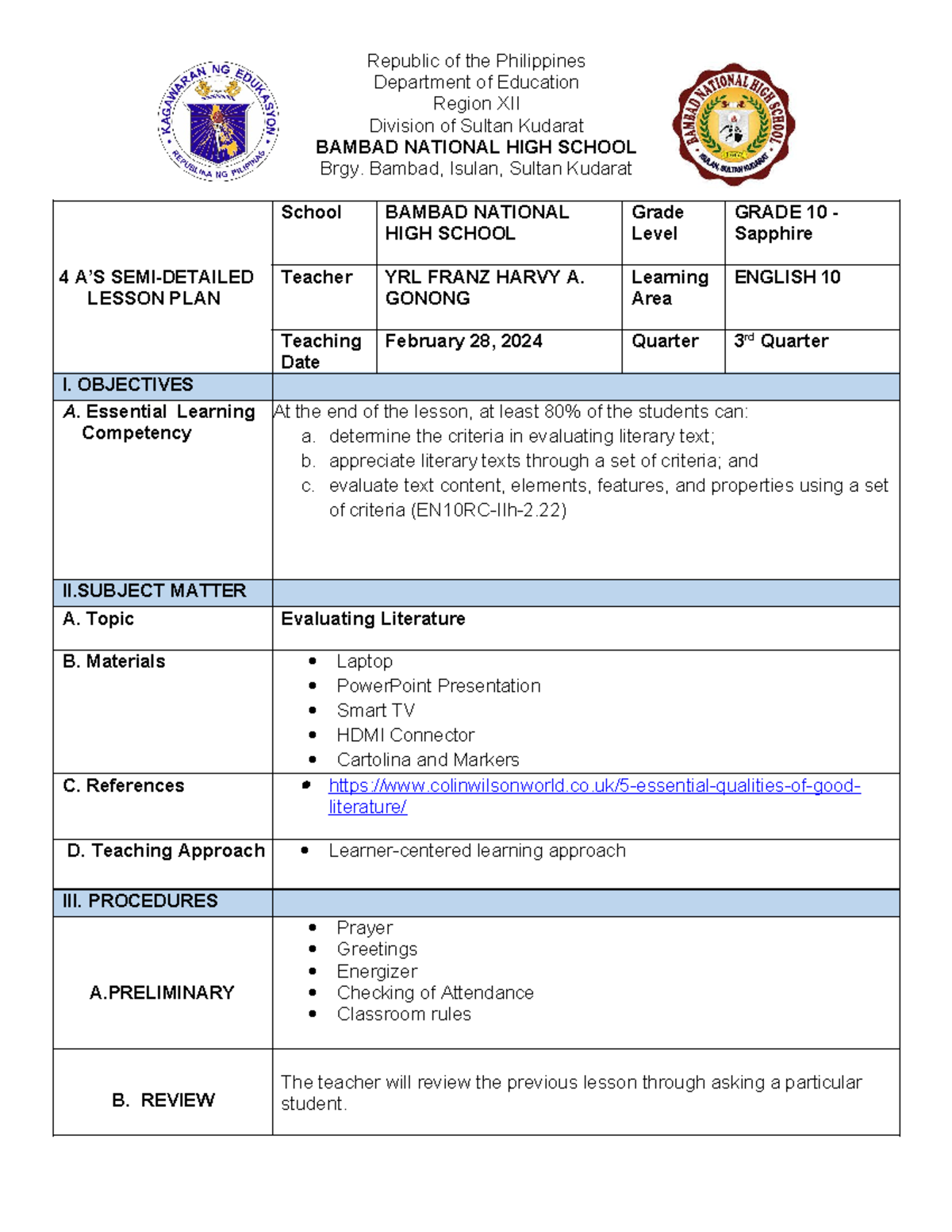 ENG10 - Grade 10 Semi-Detailed Lesson Plan on Evaluating Literature ...