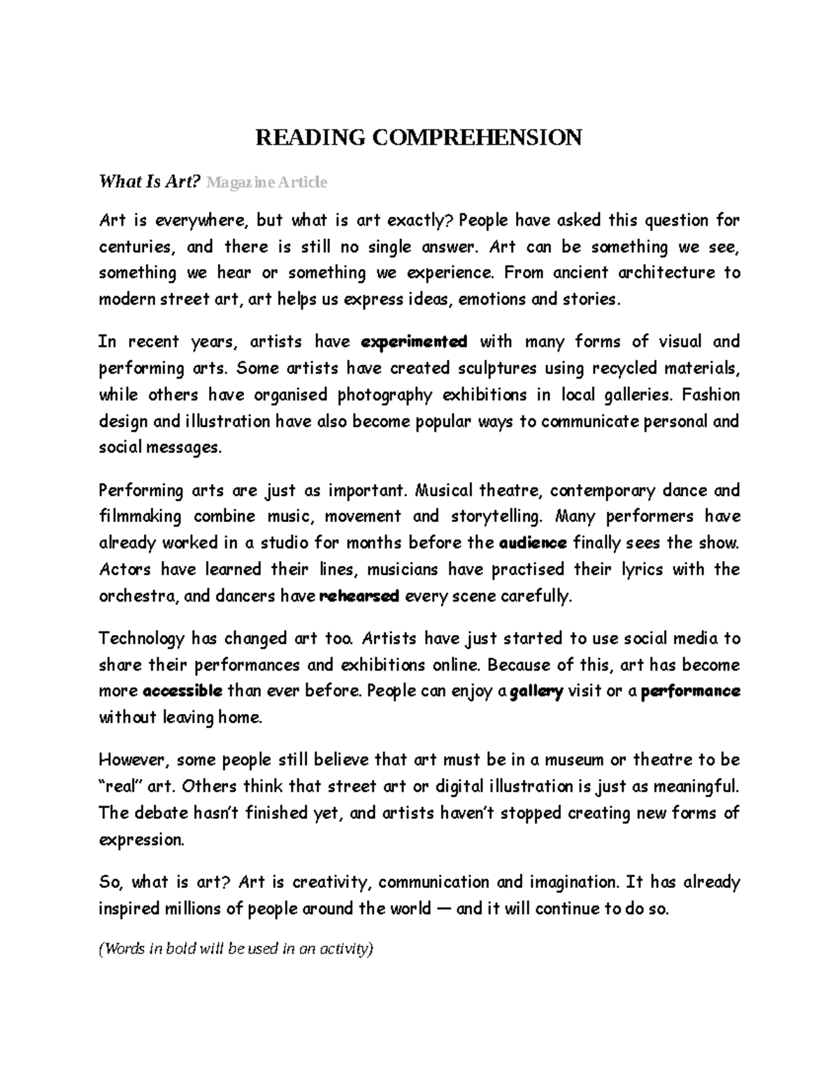 Reading Comprehension: What Is Art? - Unit 2 Activities - Studocu