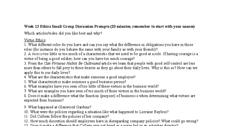 Week 13 Ethics Discussion Prompts for Small Groups - Studocu