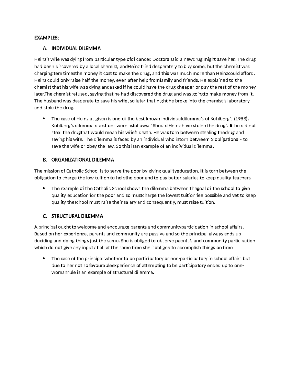 Examples SA Three Levels OF Moral Dilemmas - EXAMPLES: A. INDIVIDUAL ...