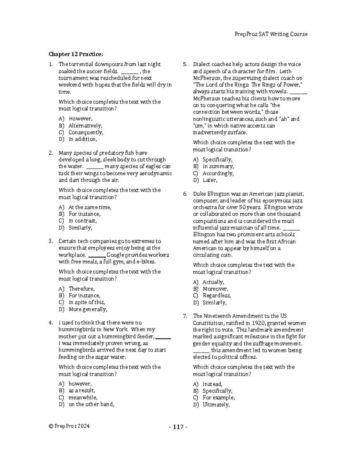 PrepPros SAT Writing Course: Chapter 12 Transition Practice - Studocu