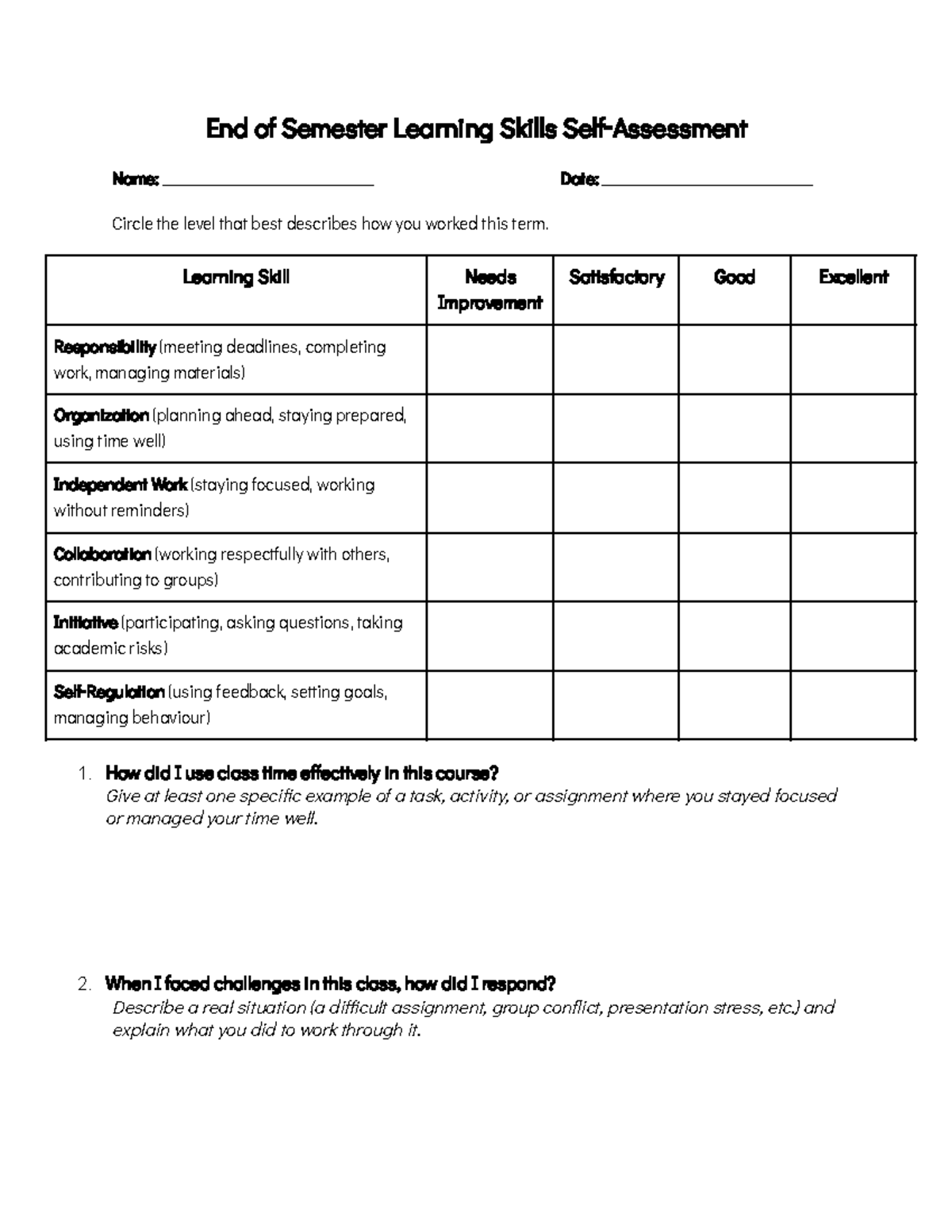 End of Semester Learning Skills Self-Assessment Report - Studocu