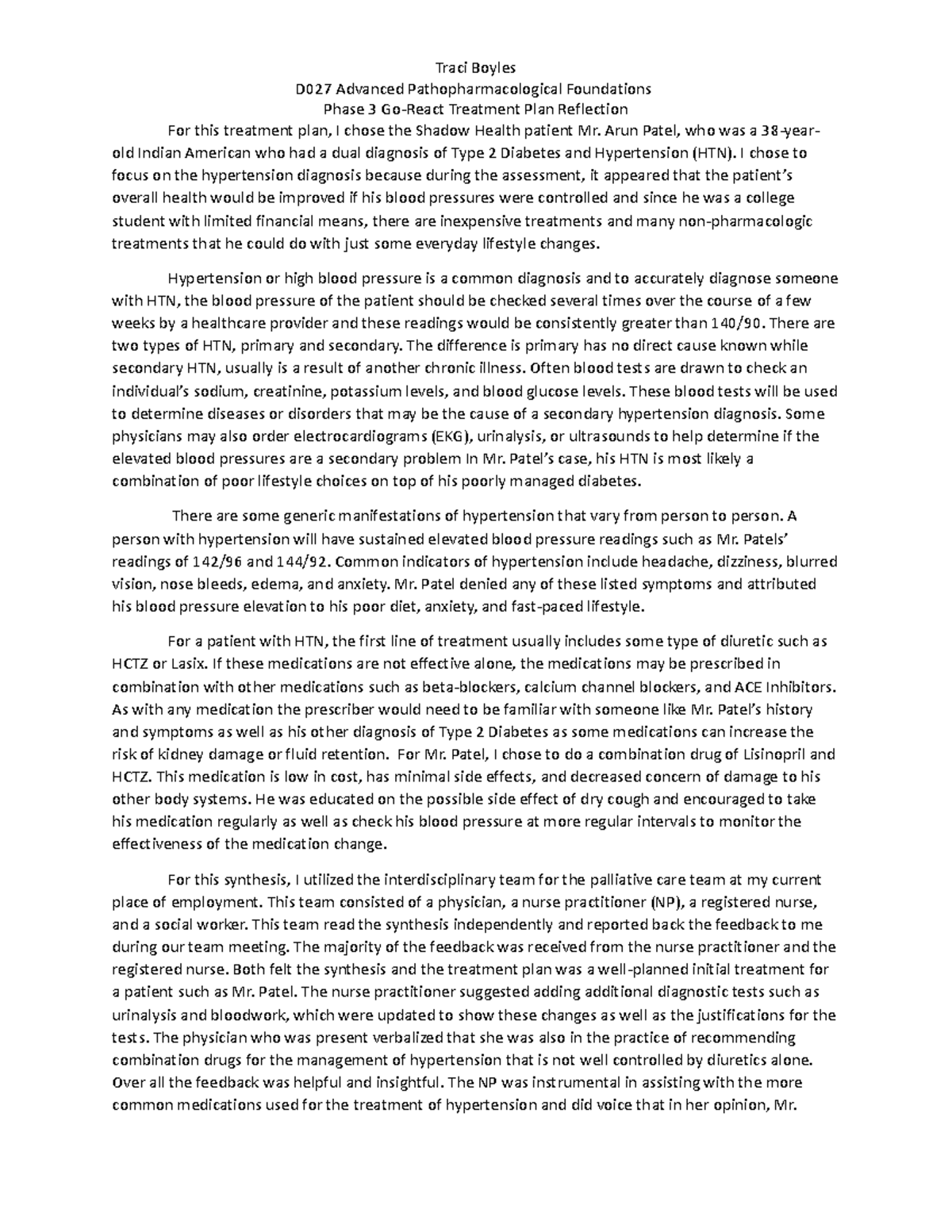 D027 Phase 3 Reflection on Go-React Treatment Plan for HTN - Studocu