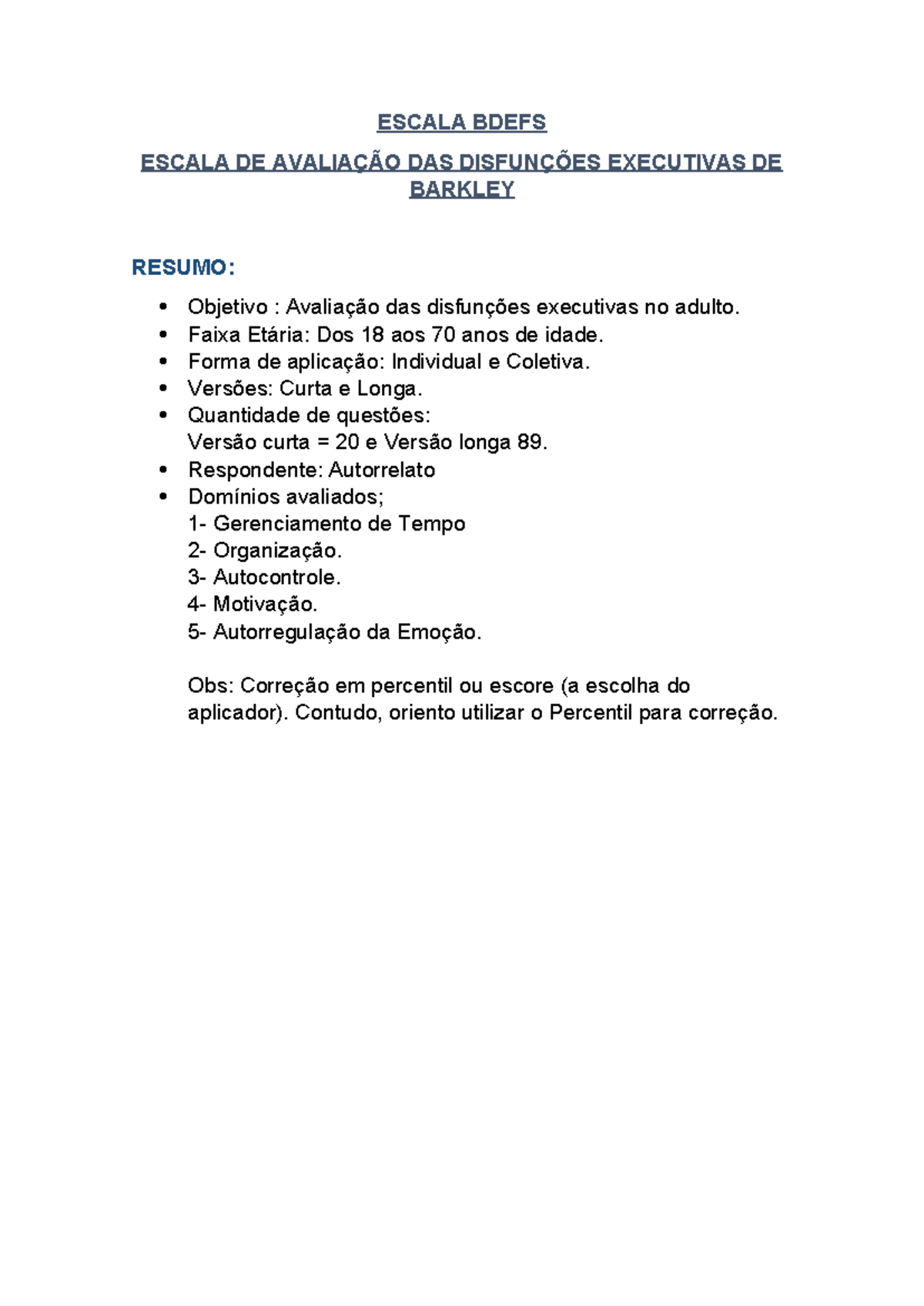 ESCALA BDEFS: Avaliação das Disfunções Executivas em Adultos - Studocu