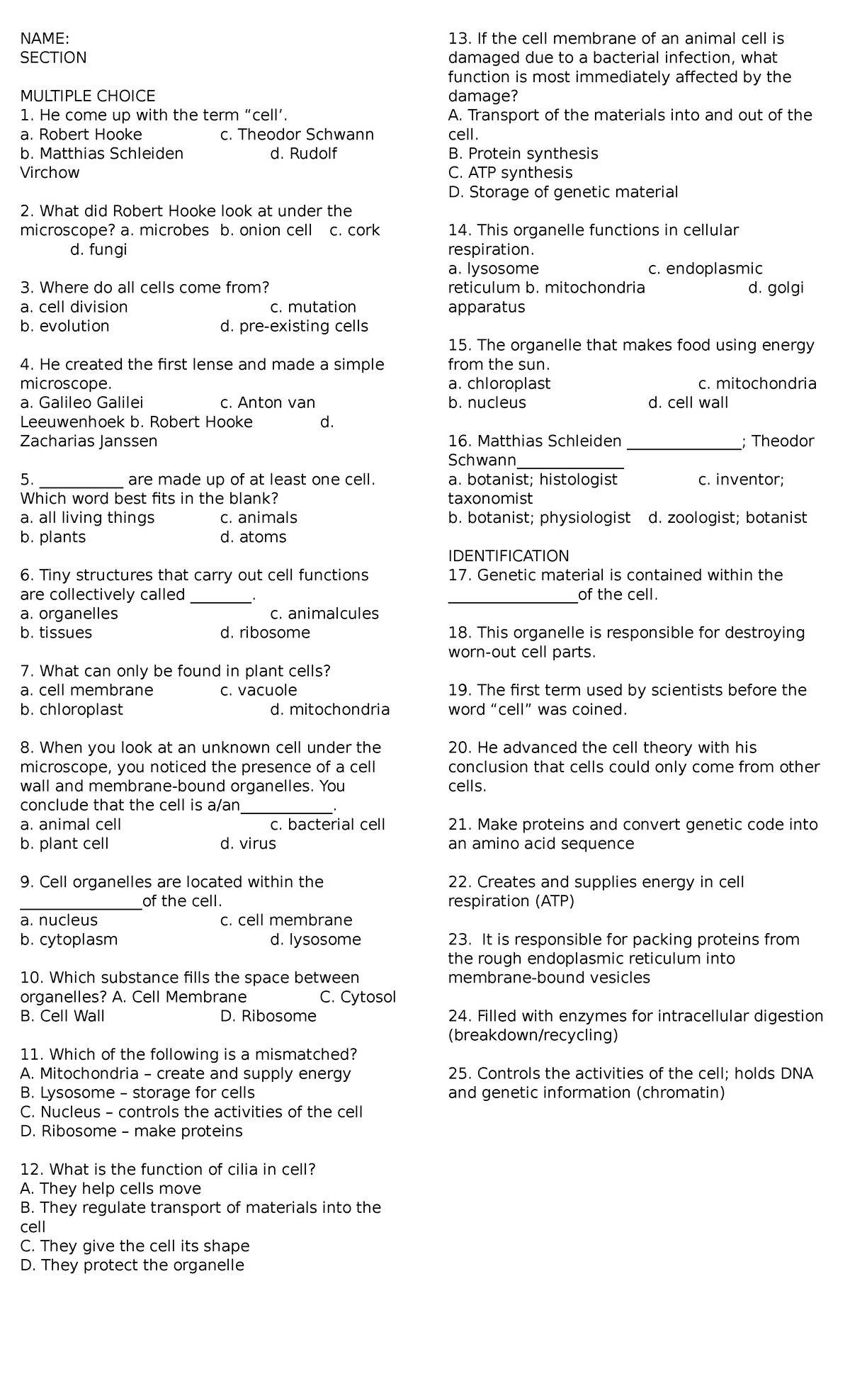 Bio1 Quiz: Cell Structure & Function Multiple Choice Questions - Studocu