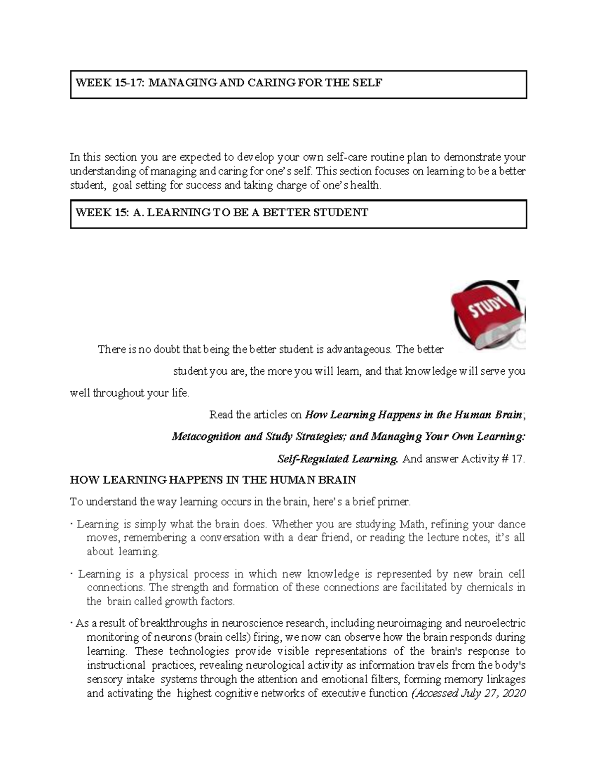 UTS-8-1 - LECTURE NOTES IN UTS - WEEK 15-17: MANAGING AND CARING FOR ...
