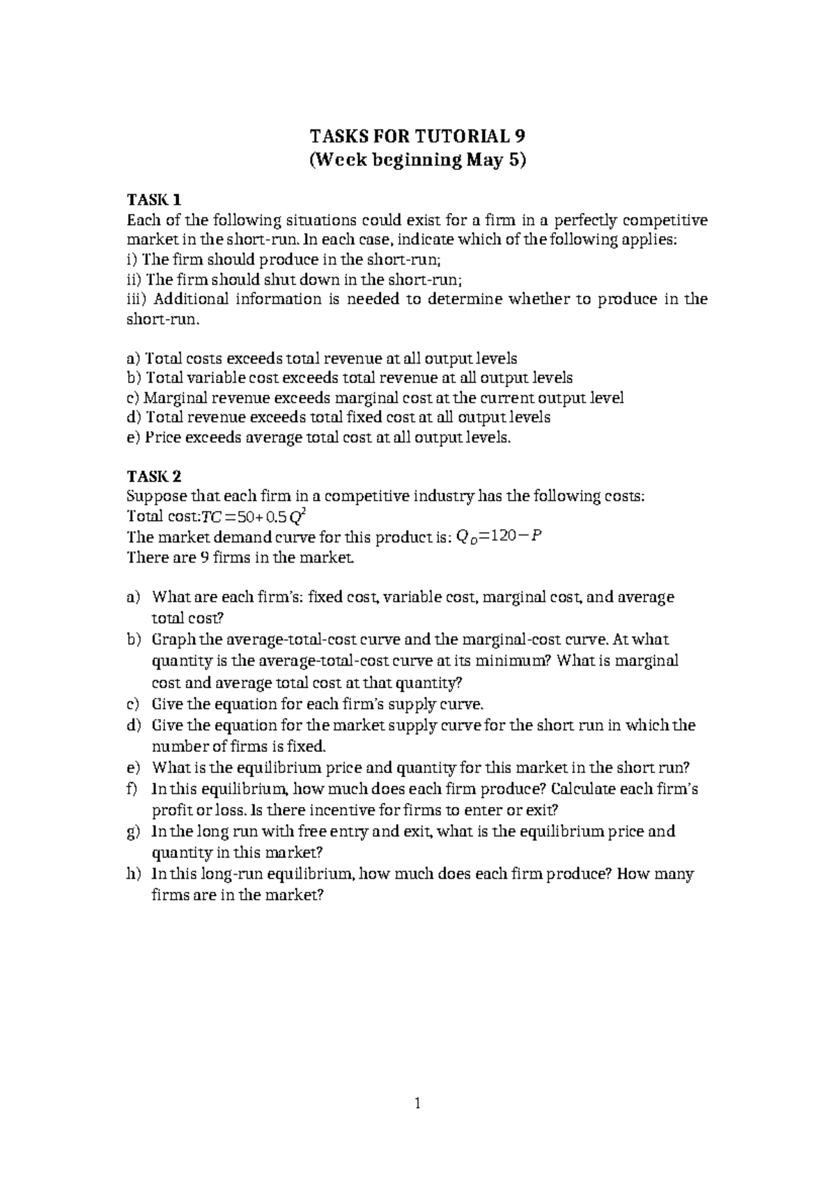 Week 9 Tutorial Questions: Perfect Competition Analysis (ECON 101 ...