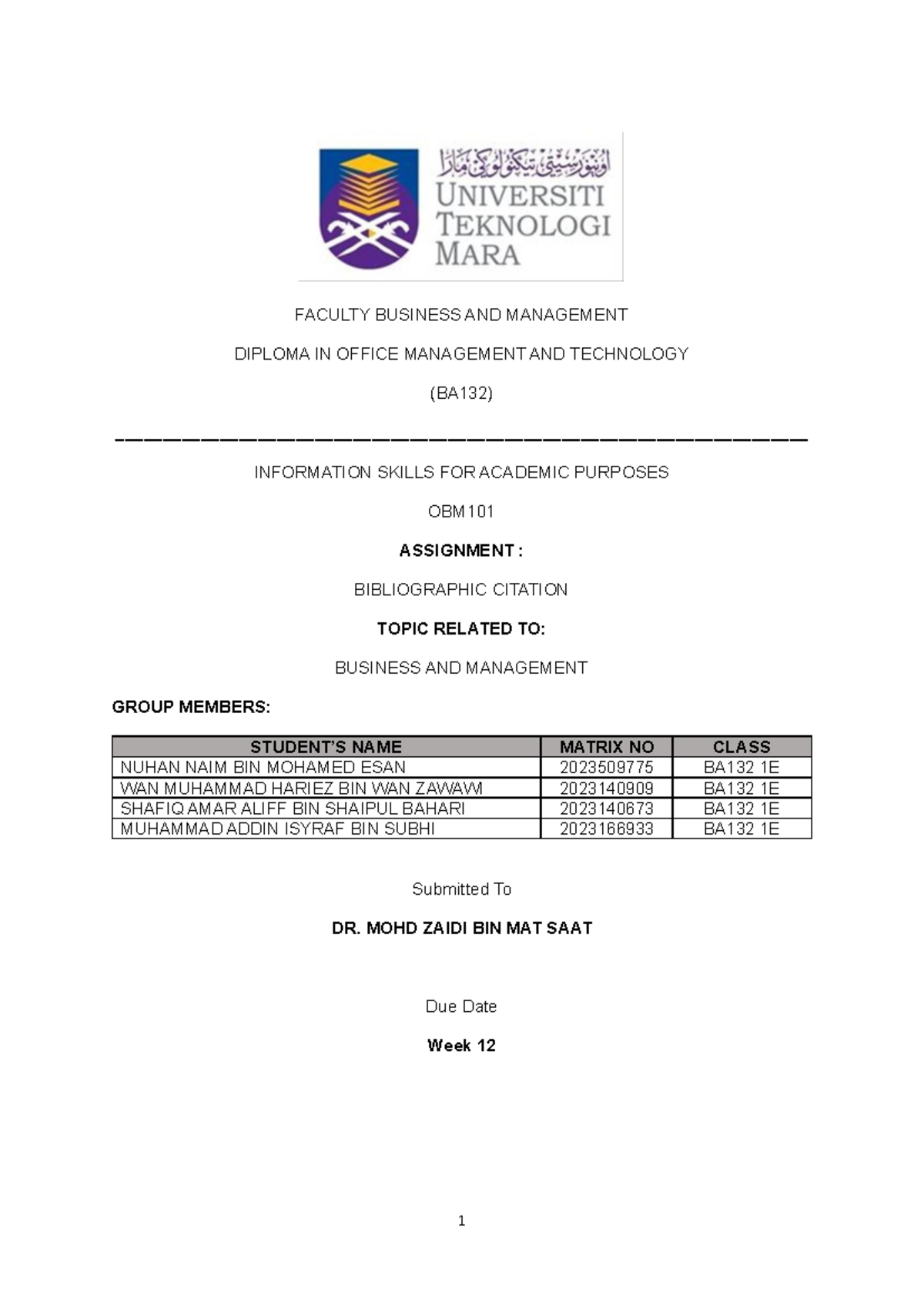 Bibliographic Citations Assignment - FACULTY BUSINESS AND MANAGEMENT ...