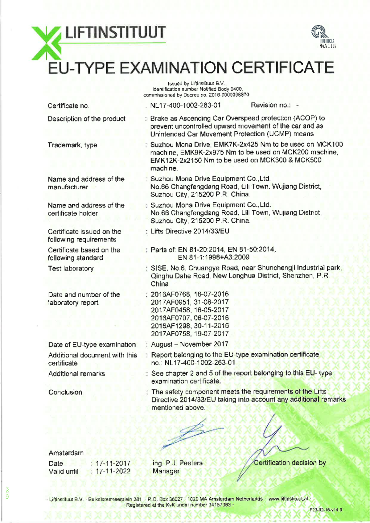 Liftinstituut B.V. Examination Certificate for Suzhou Mona Drive Brake ...