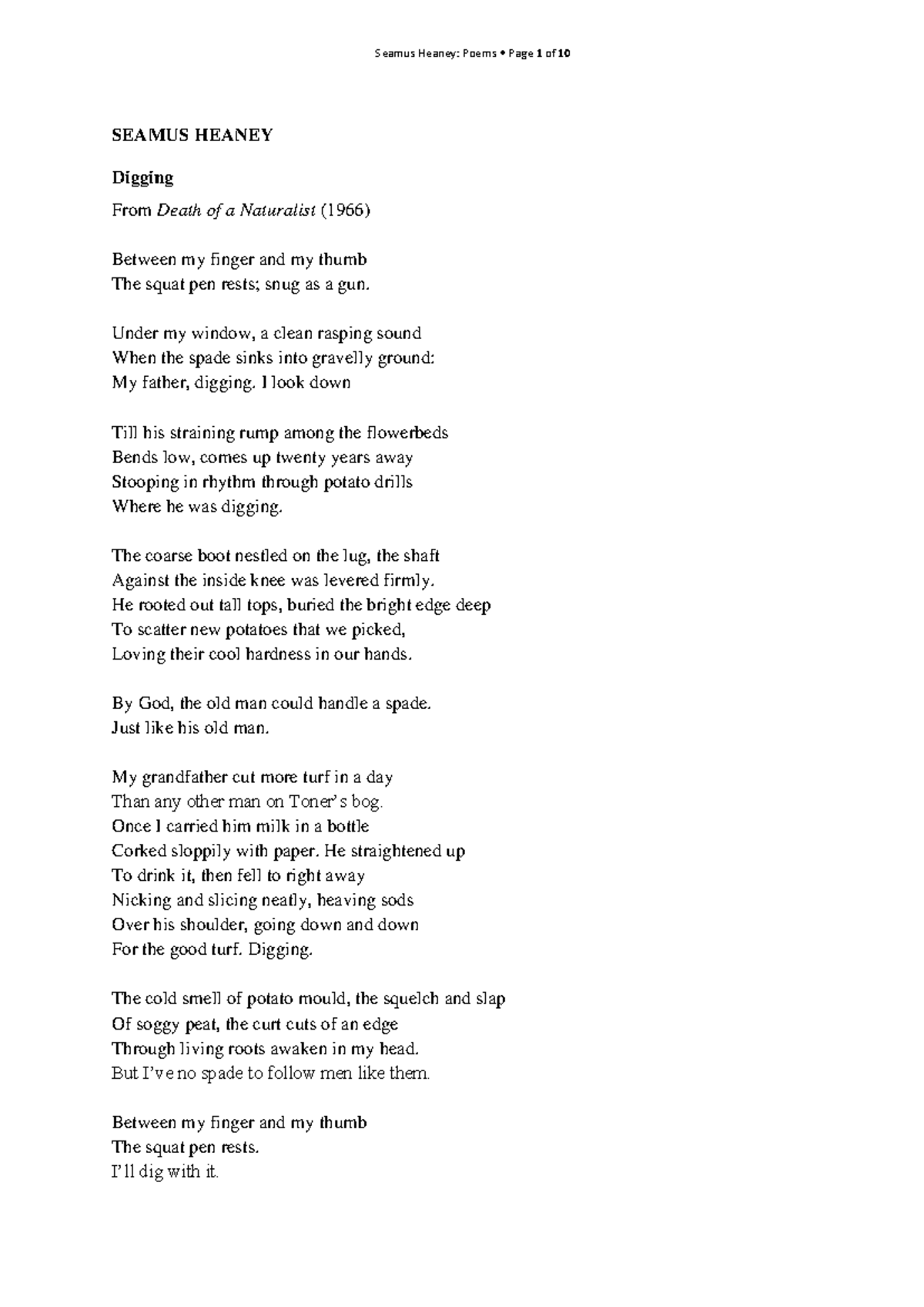 Heaney - Poems - Seamus H. - SEAMUS HEANEY Digging From Death of a ...