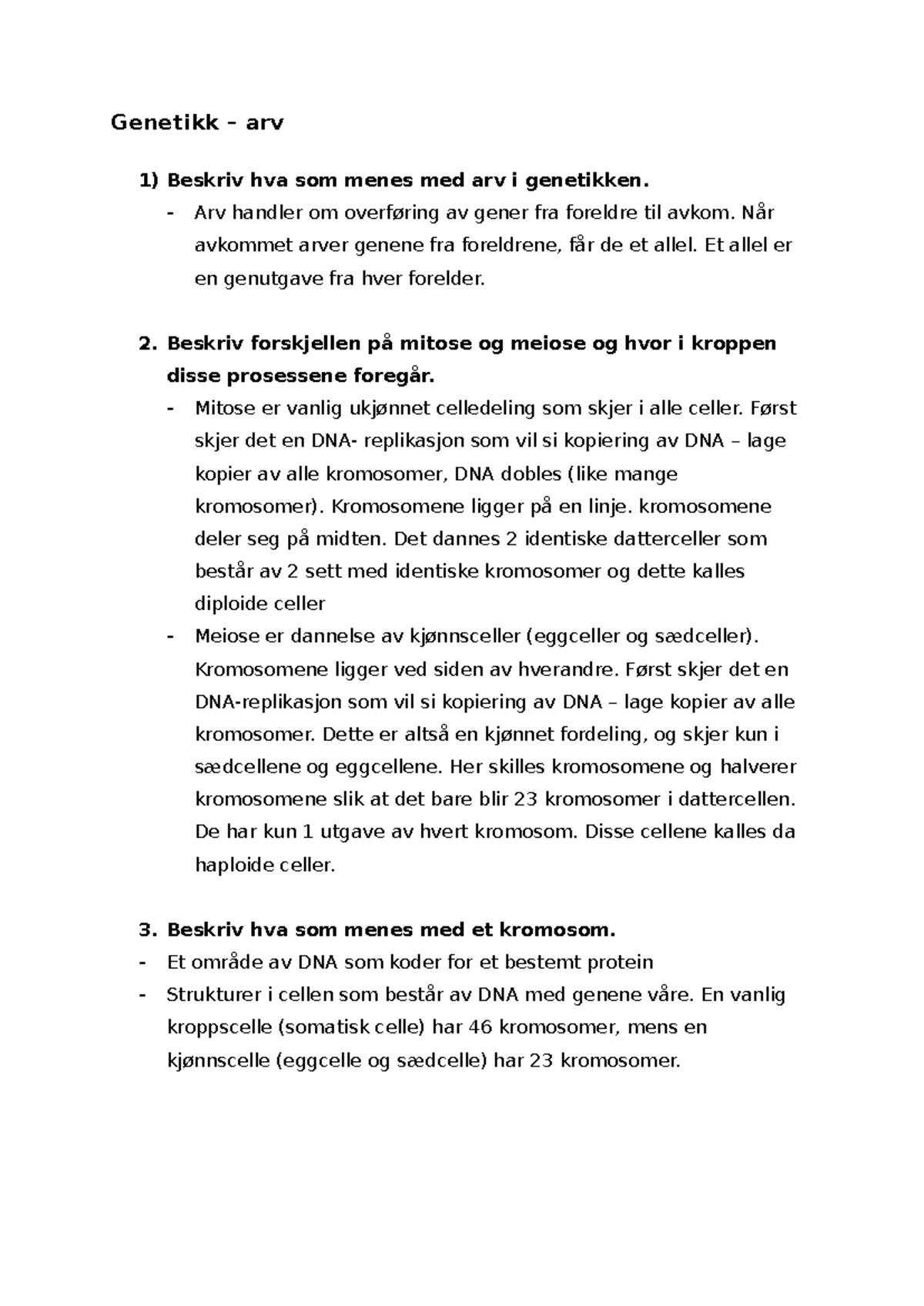 Genetikk – Arv og Celledeling: Øvingsark for Genetikk 101 - Studocu