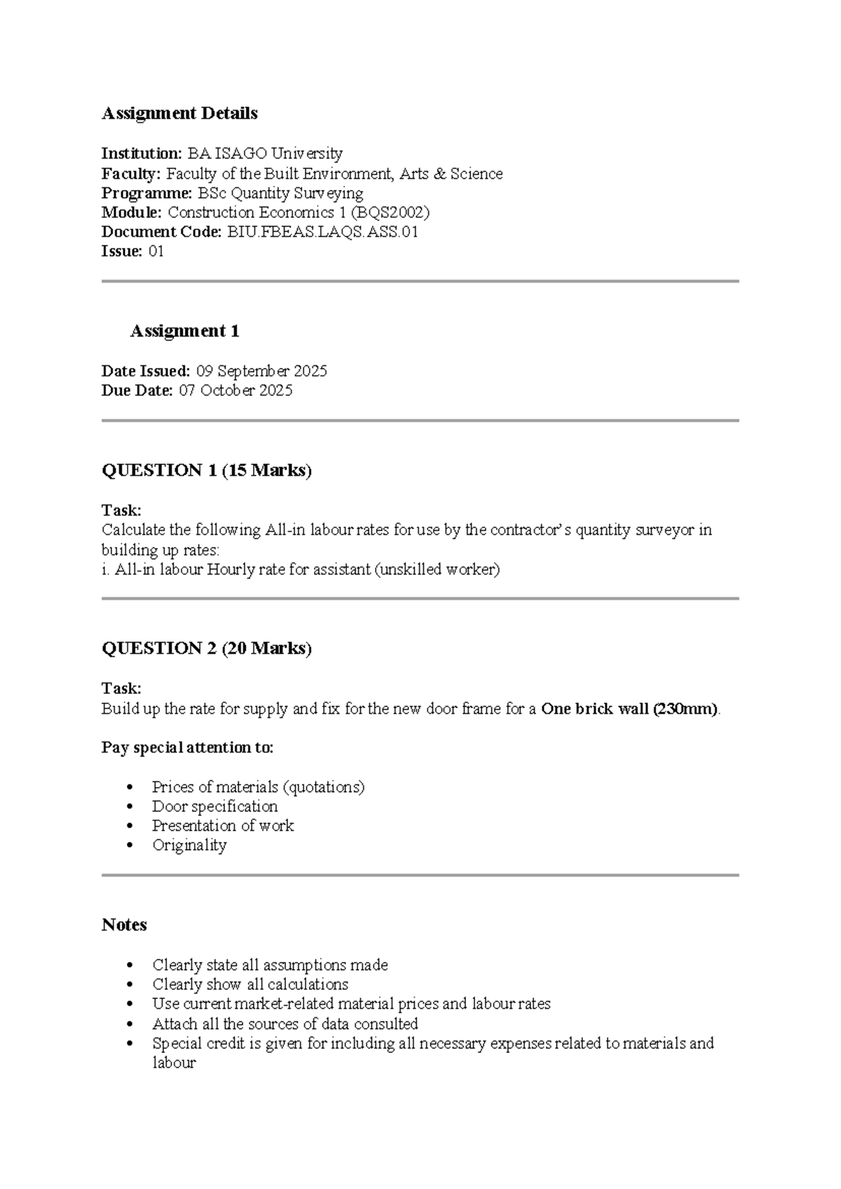 BQS2002 Assignment 1: Labour Rates & Door Frame Cost Analysis - Studocu