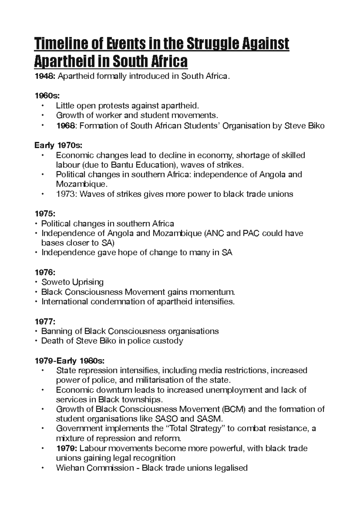 Timeline of Key Events in the Anti-Apartheid Struggle (1948-1990) - Studocu