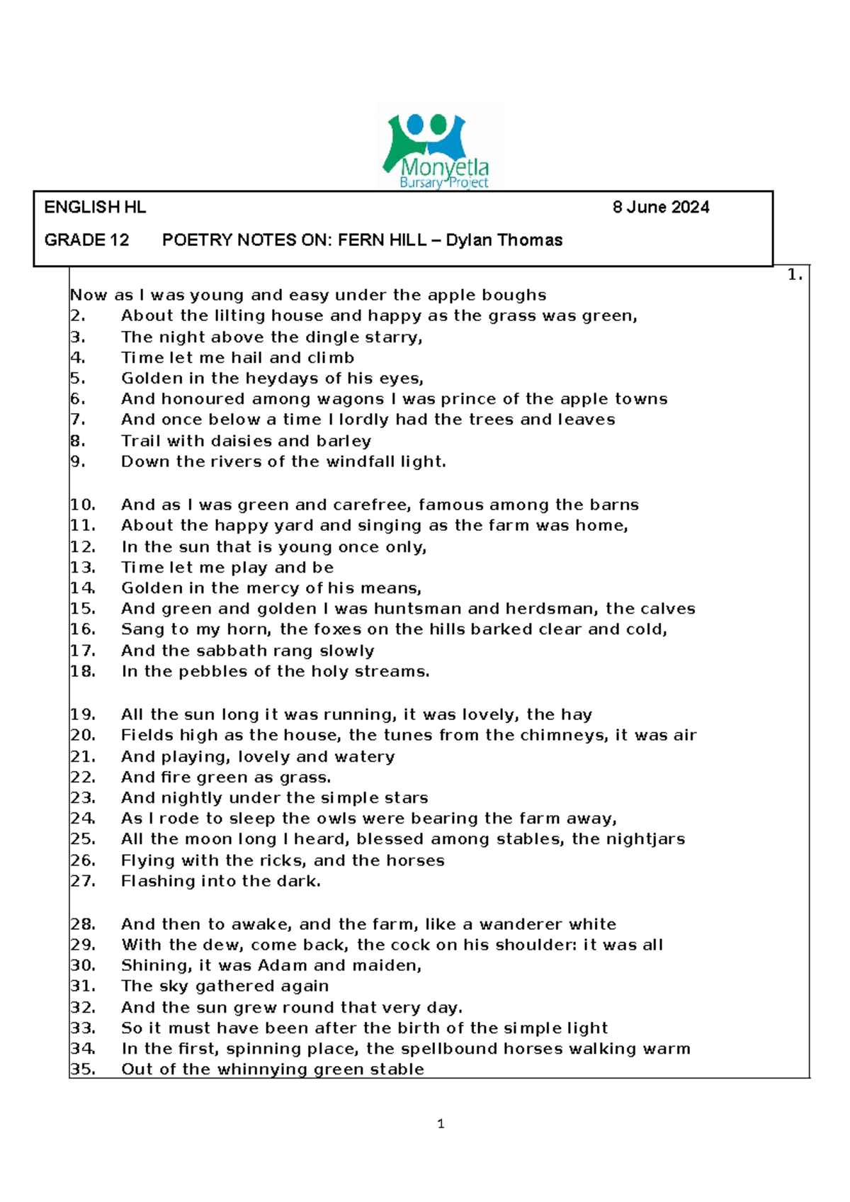 Grade 12 ENG HL: Poetic Analysis of "Fern Hill" by Dylan Thomas - Studocu