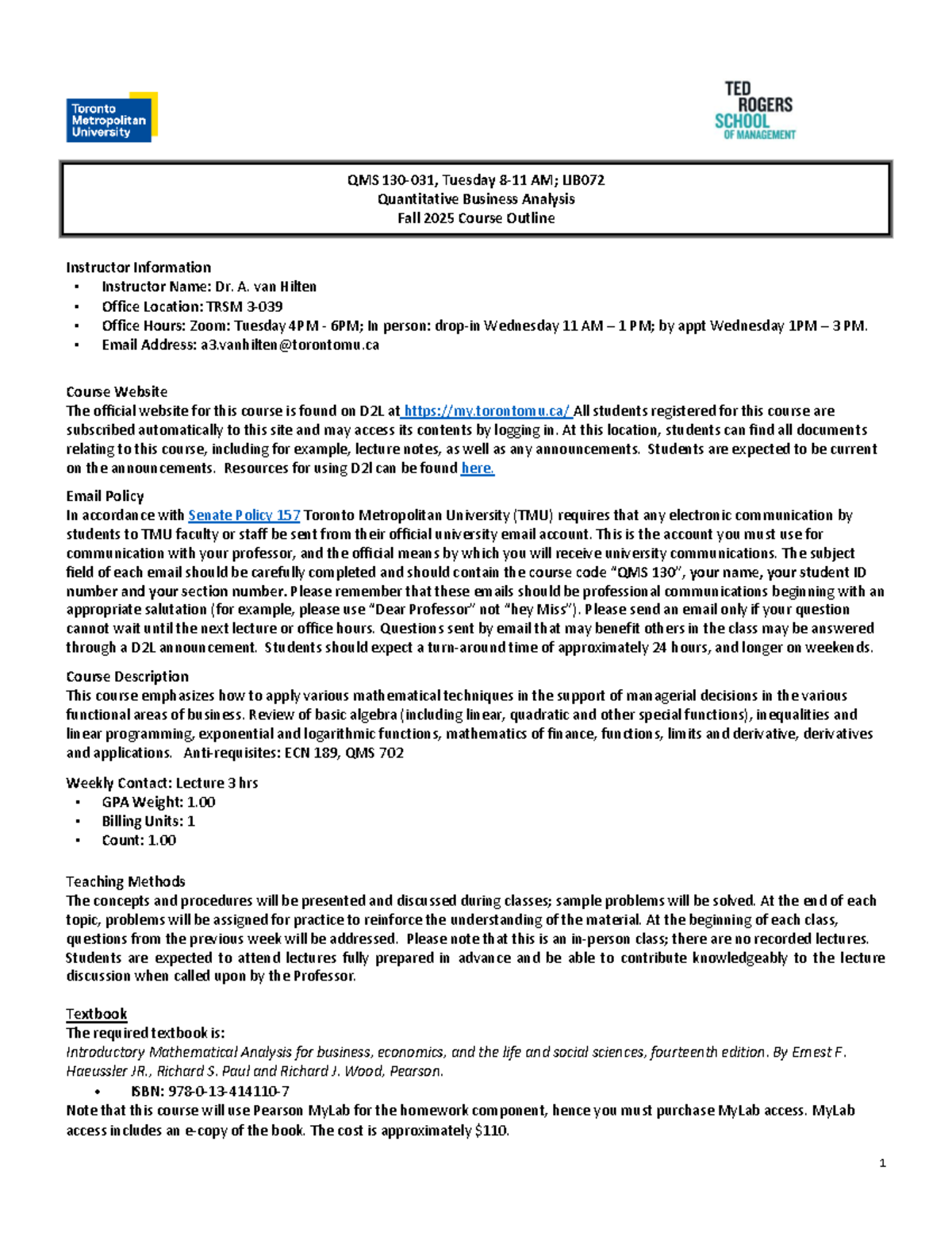 QMS 130 Fall 2025 Course Outline and Important Information - Studocu