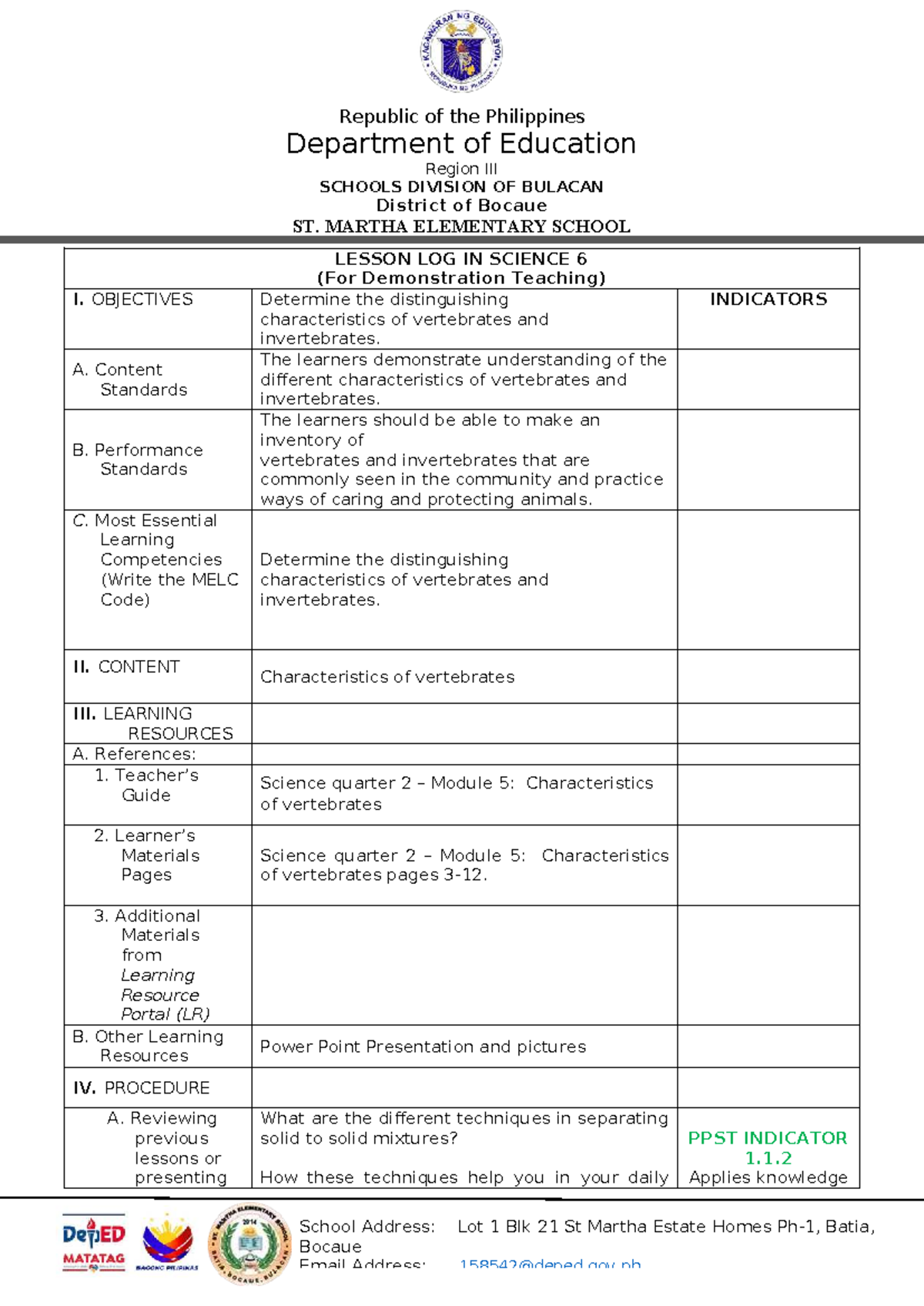 Lesson Plan: Characteristics of Vertebrates and Invertebrates (SCI 6 ...