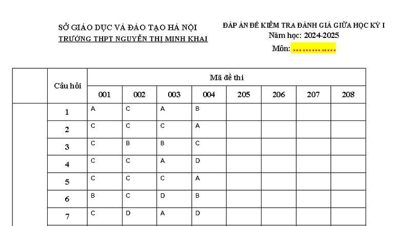 ĐÁP ÁN KIỂM TRA GIỮA HỌC KỲ I Môn: 001, 002, 003, 004 - Studocu