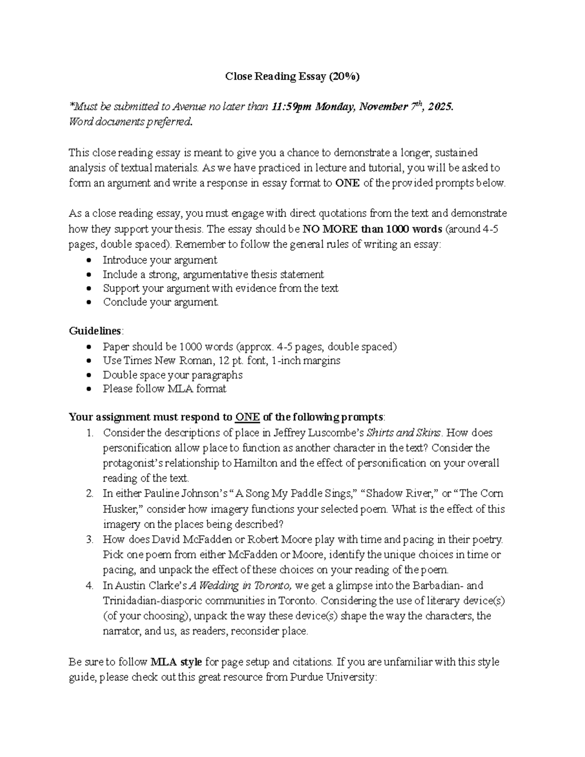 English 1H03 F25 Close Reading Essay: Prompts & Guidelines - Studocu
