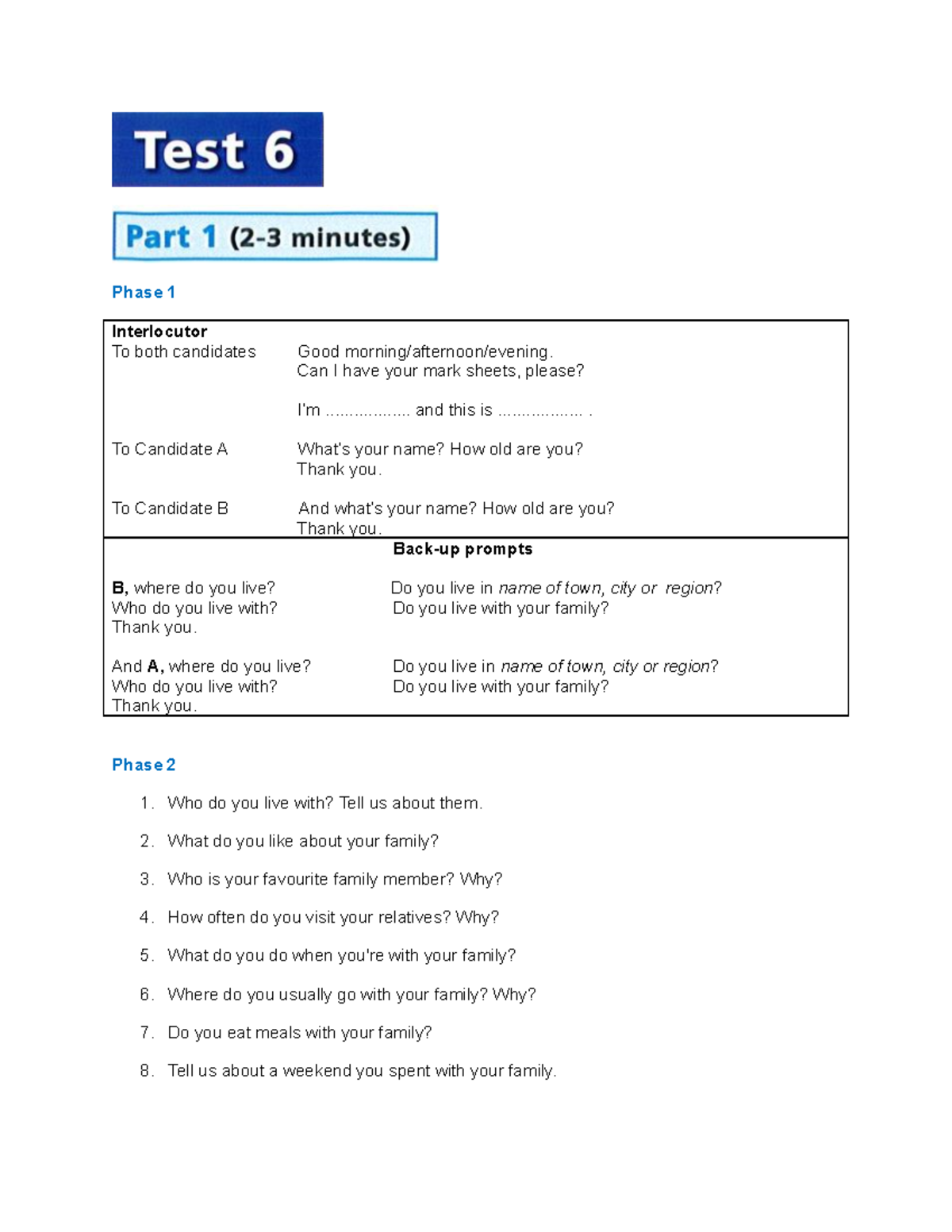 Succeed PET Speaking Practice Test 6 - Phase 1 & 2 Questions - Studocu