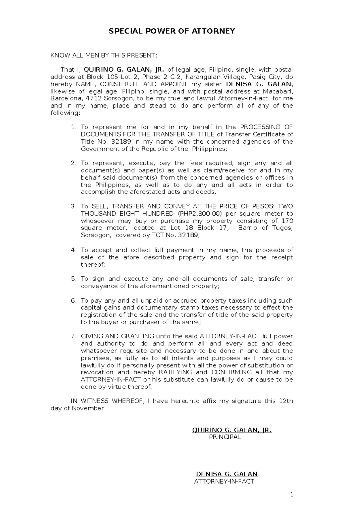 SPA Document for Transfer of Title - Quirino G. Galan, Jr. - Studocu