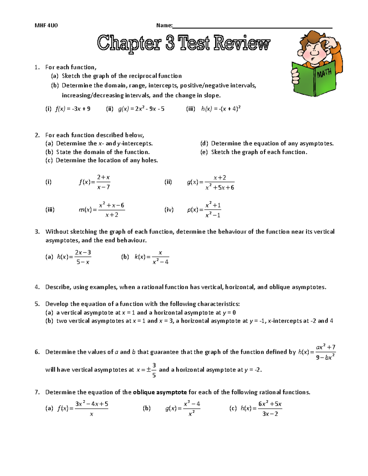 MHF 4U0 Chapter 3 Test Review: Asymptotes & Function Behavior - Studocu