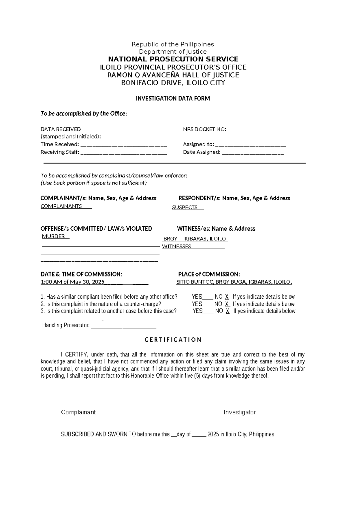 Investigation Data Form - NPS Iloilo Provincial Office - Studocu