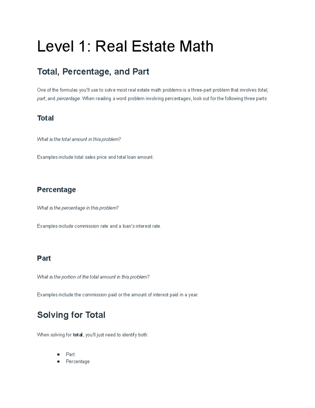 Real Estate Math Formulas: Total, Percentage, and Part (RE 101) - Studocu