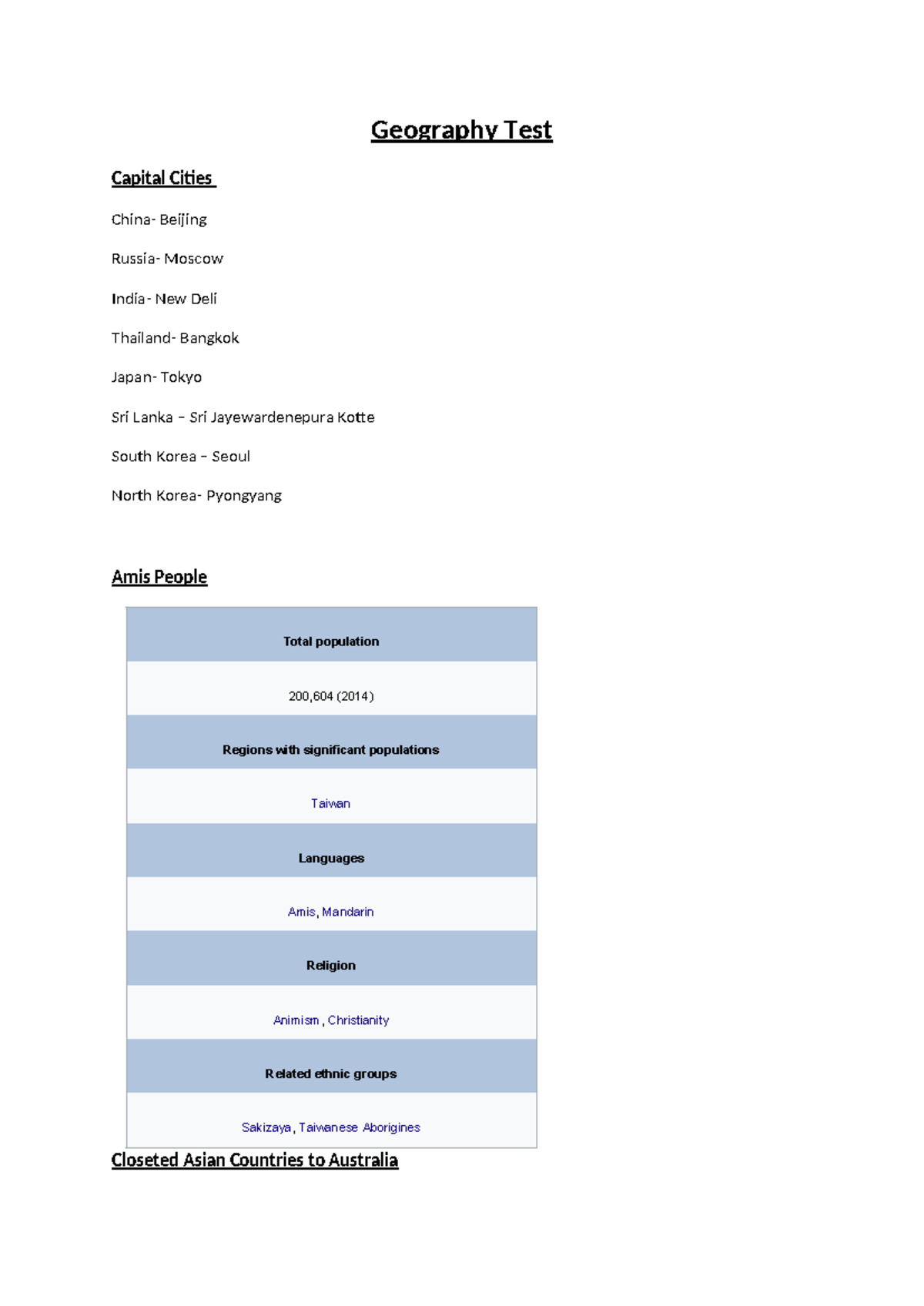 Geography Test - Work - Geography Test Capital Cities China- Beijing ...