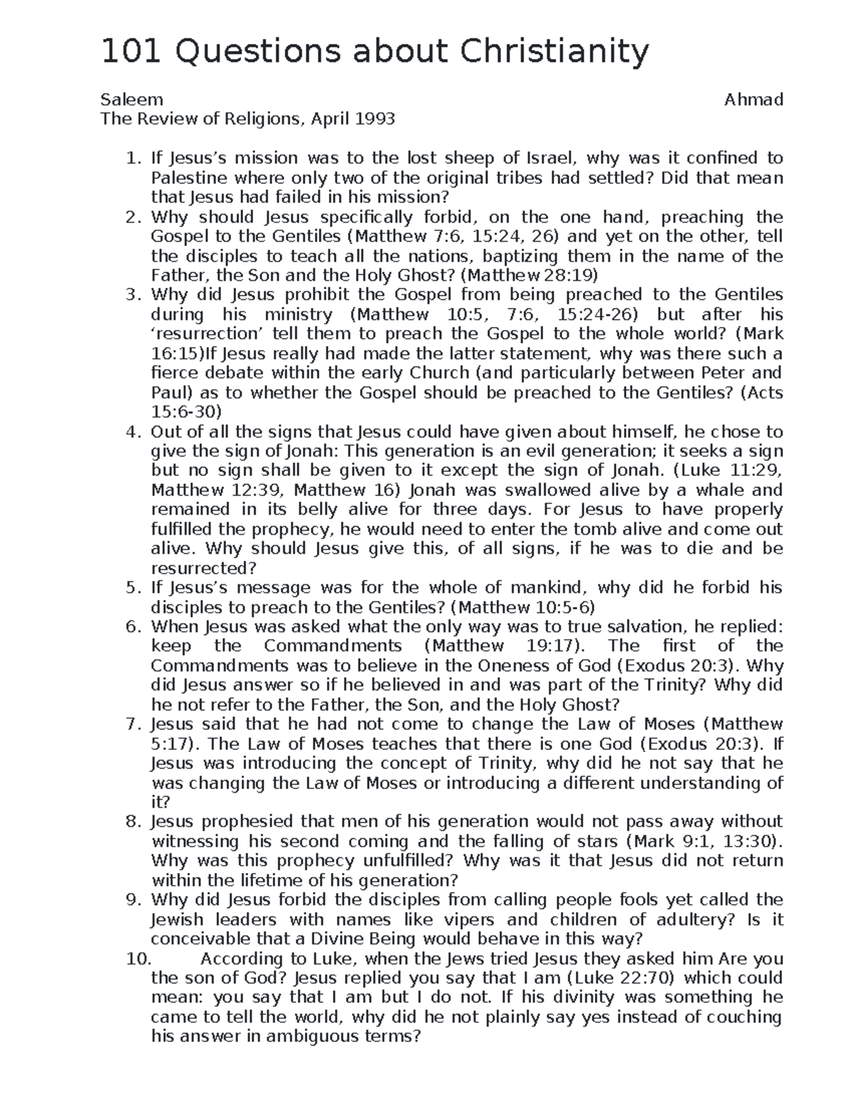 101 Questions on Christianity: Exploring Jesus' Teachings and Legacy ...