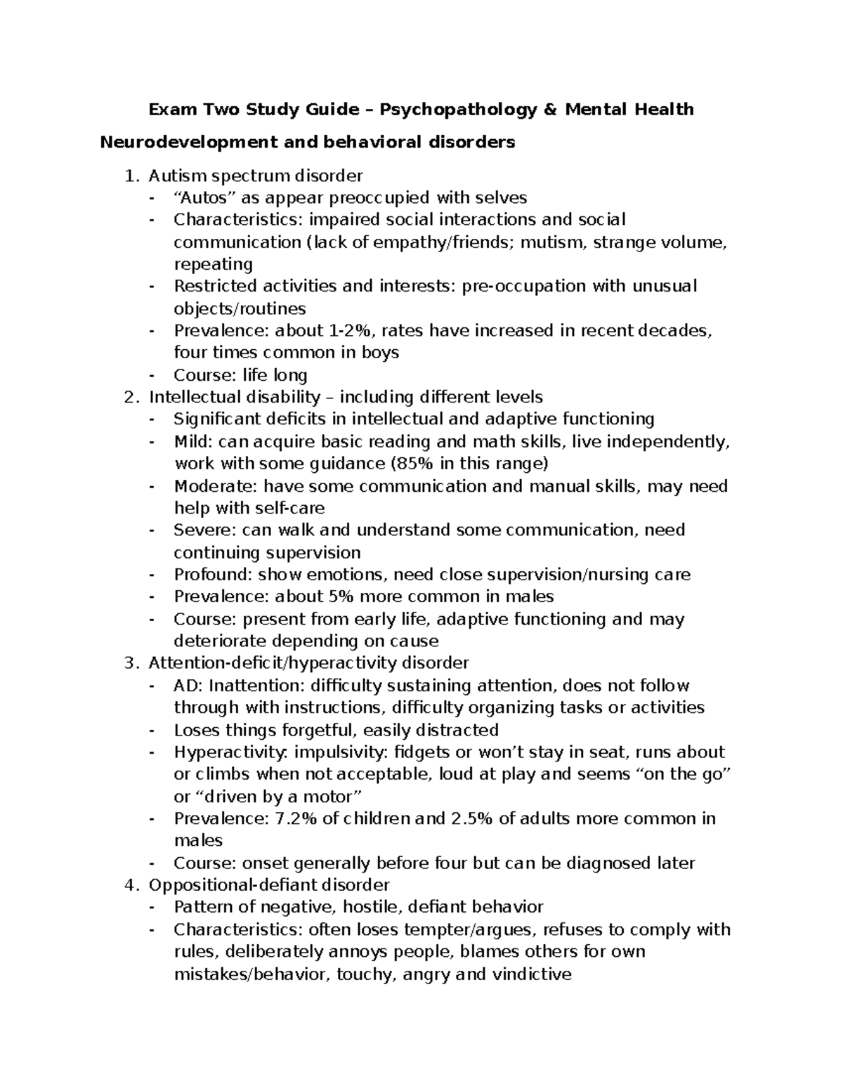 Exam 2 Study Guide – PSY 305: Psychopathology & Mental Health Overview ...
