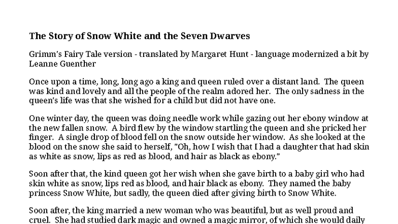 Snow White - Fairy Tale Summary and Analysis Notes - Studocu