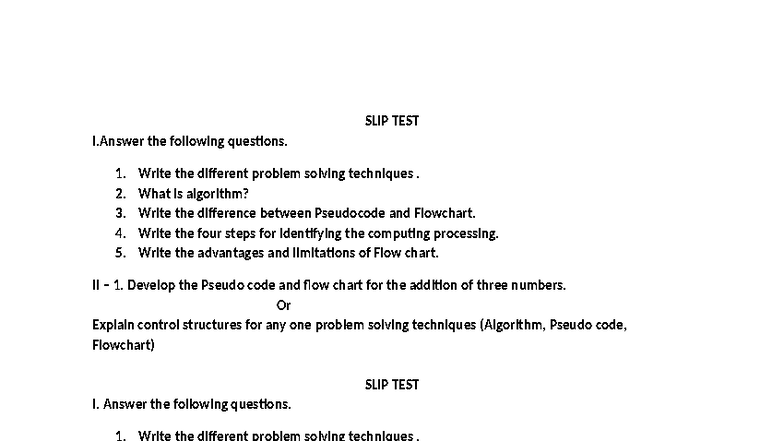 SLIP TEST I: Key Questions on Problem Solving Techniques in Python ...