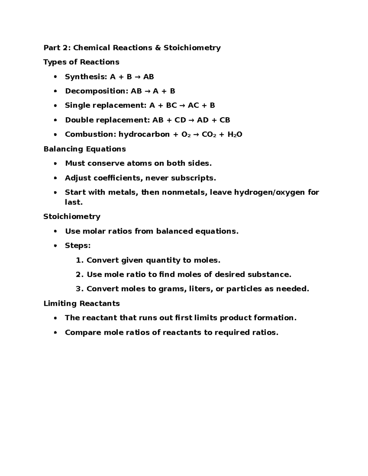 Chemistry 2 - Starter: Stoichiometry & Types of Reactions - Studocu