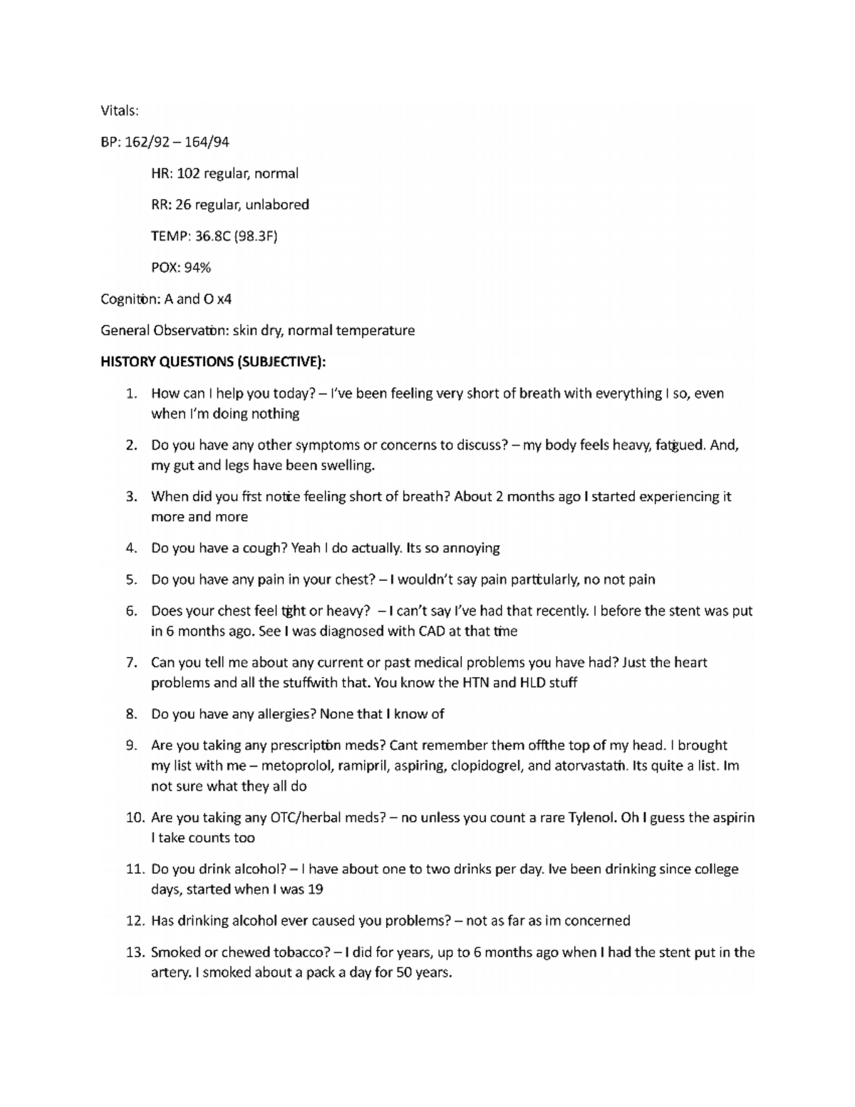 Heart Failure: Subjective History & Vital Observations - Studocu