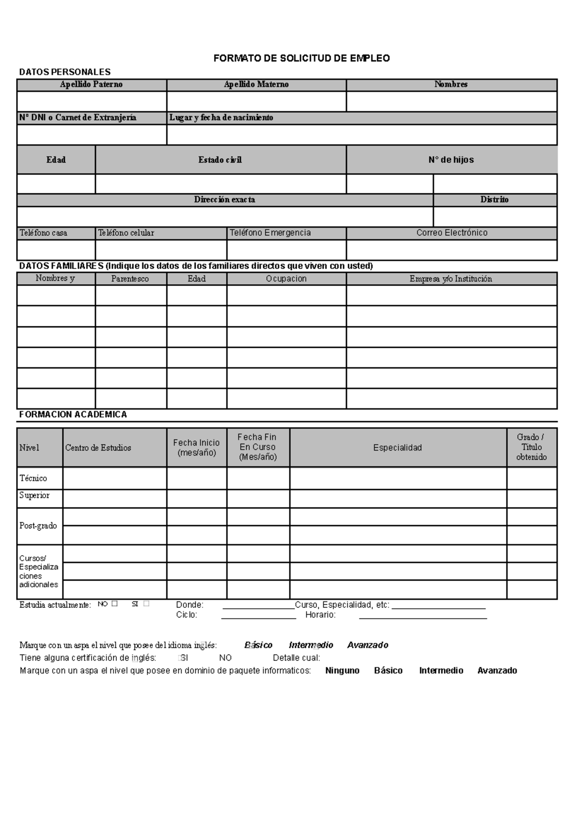 Formato de solicitud de empleo - FORMATO DE SOLICITUD DE EMPLEO DATOS ...