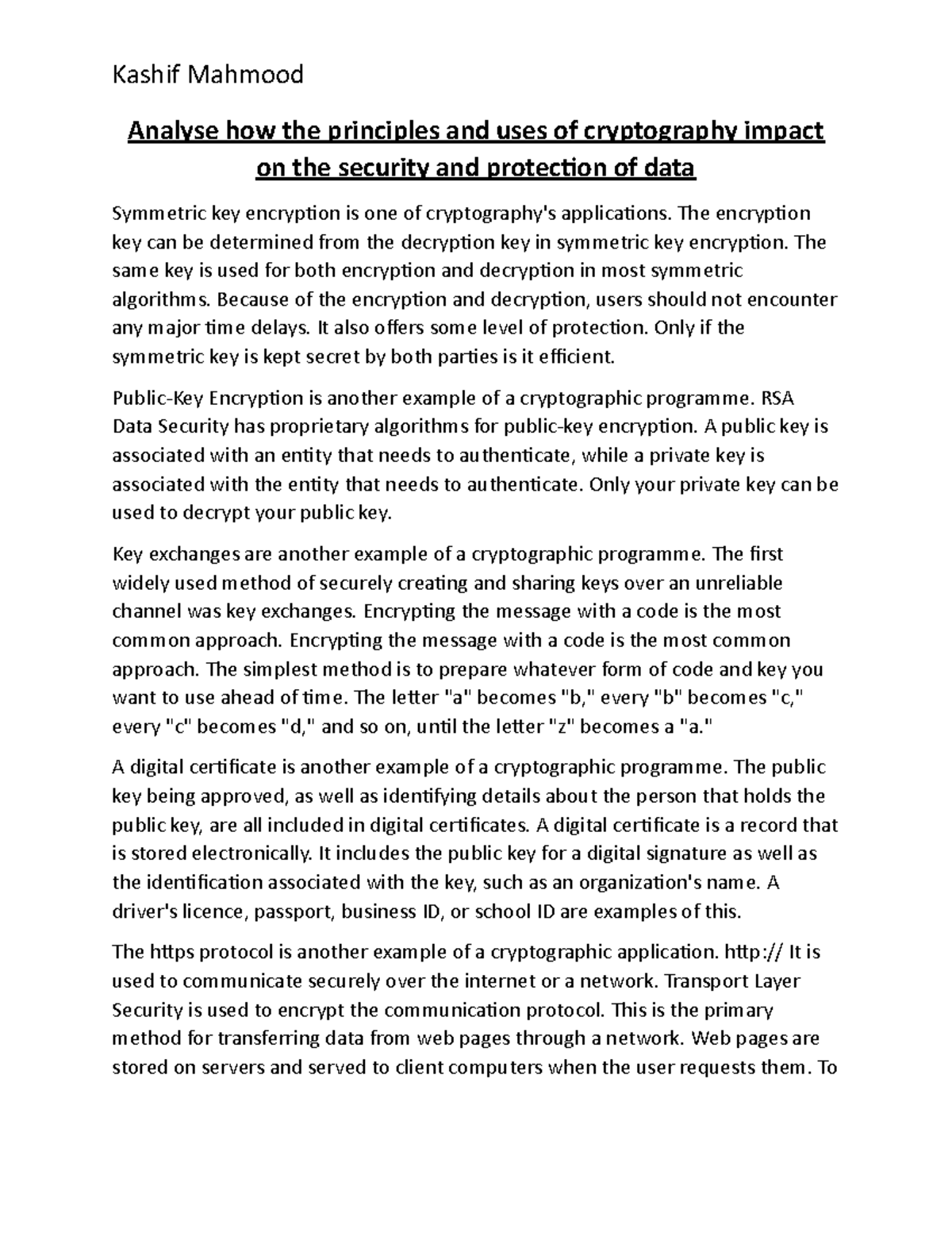 M1-Analyse how the principles and uses of cryptography impact on the security and protection of ...