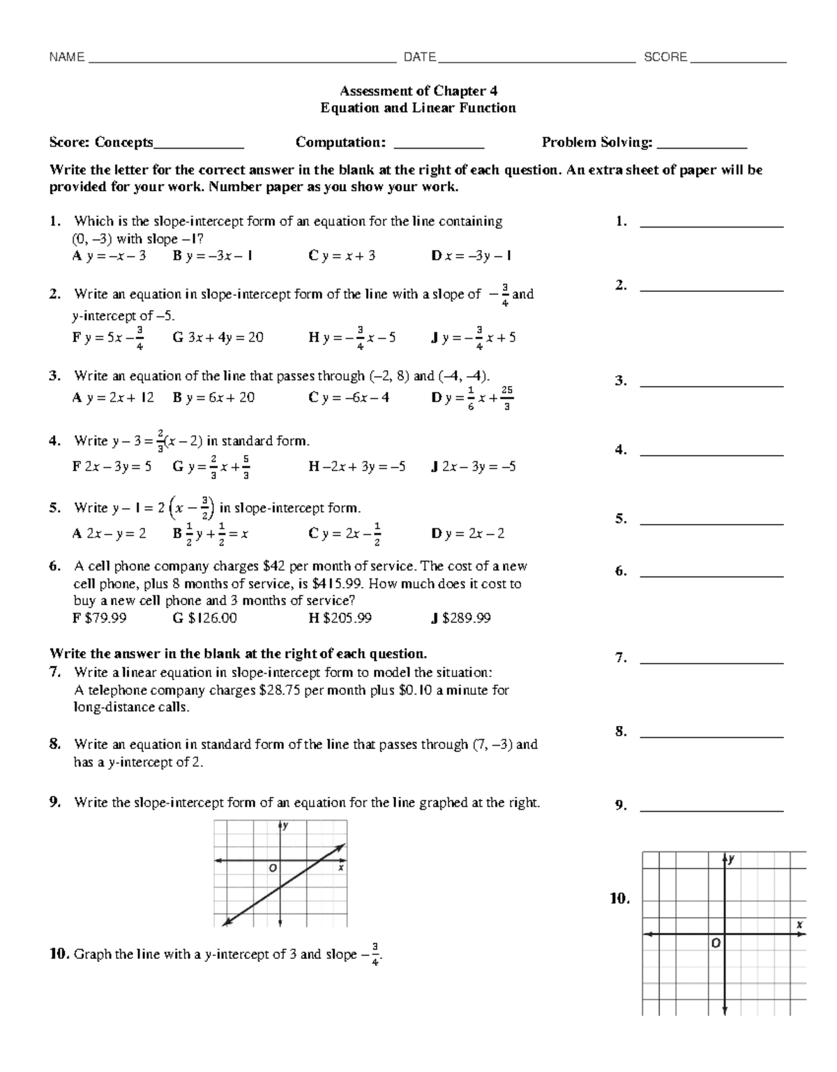 Chapter 4 Assessment: Equation and Linear Function Test - Studocu
