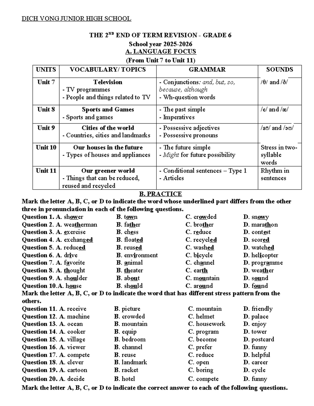K6-2nd Term Revision: Language Focus & Practice (Units 7-11) - Studocu