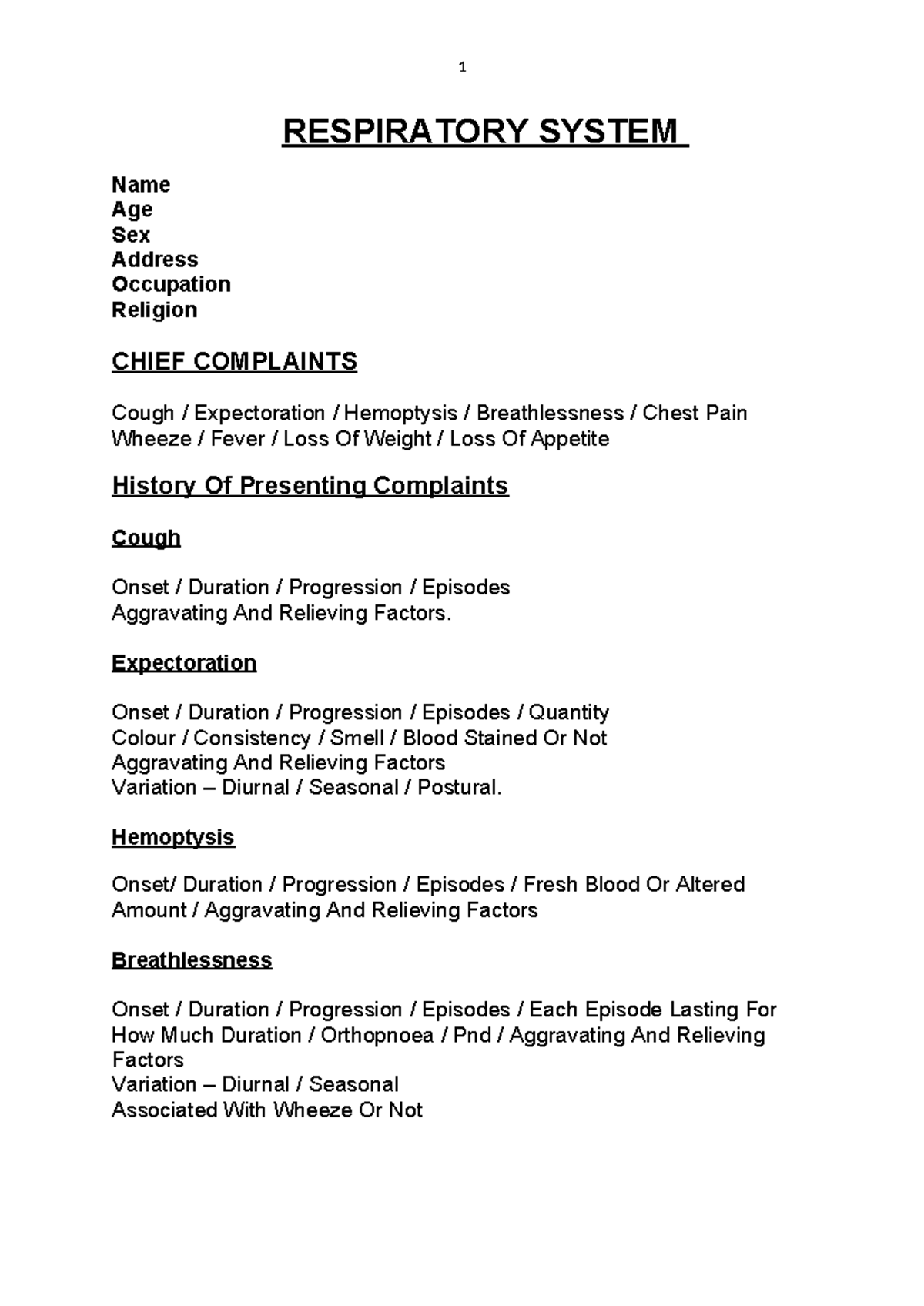 RS 1: Respiratory System Case Sheet - Essential Details - Studocu