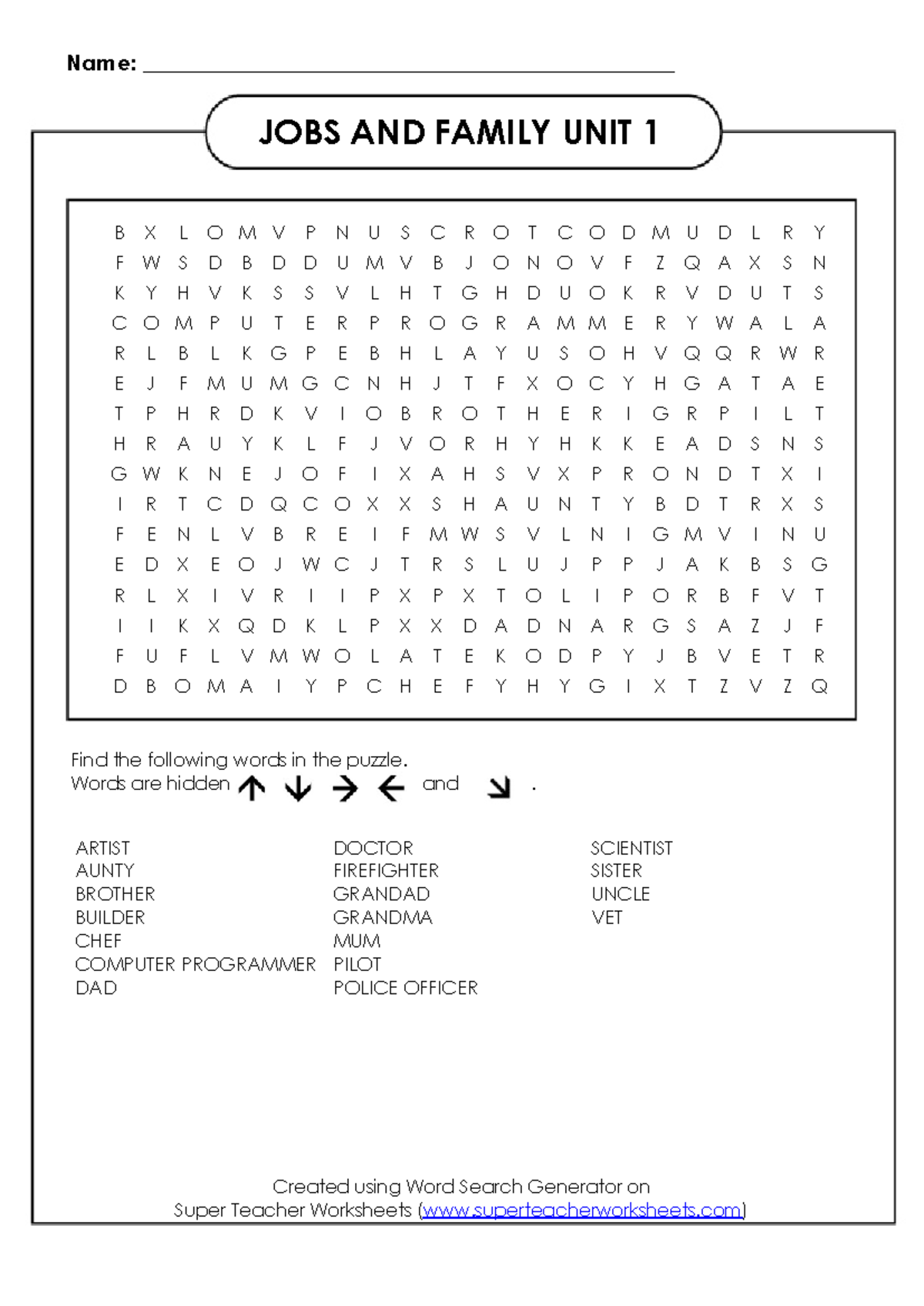 Wordsearch JOBS AND Family UNIT 1 - Name
