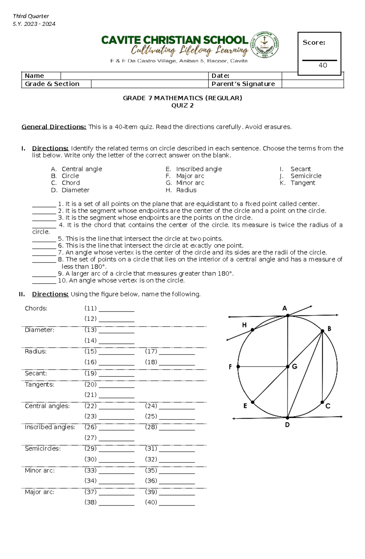 3RDQ G7 QUIZ2 - quiz - Name Date: Grade & Section Parent’s Signature ...